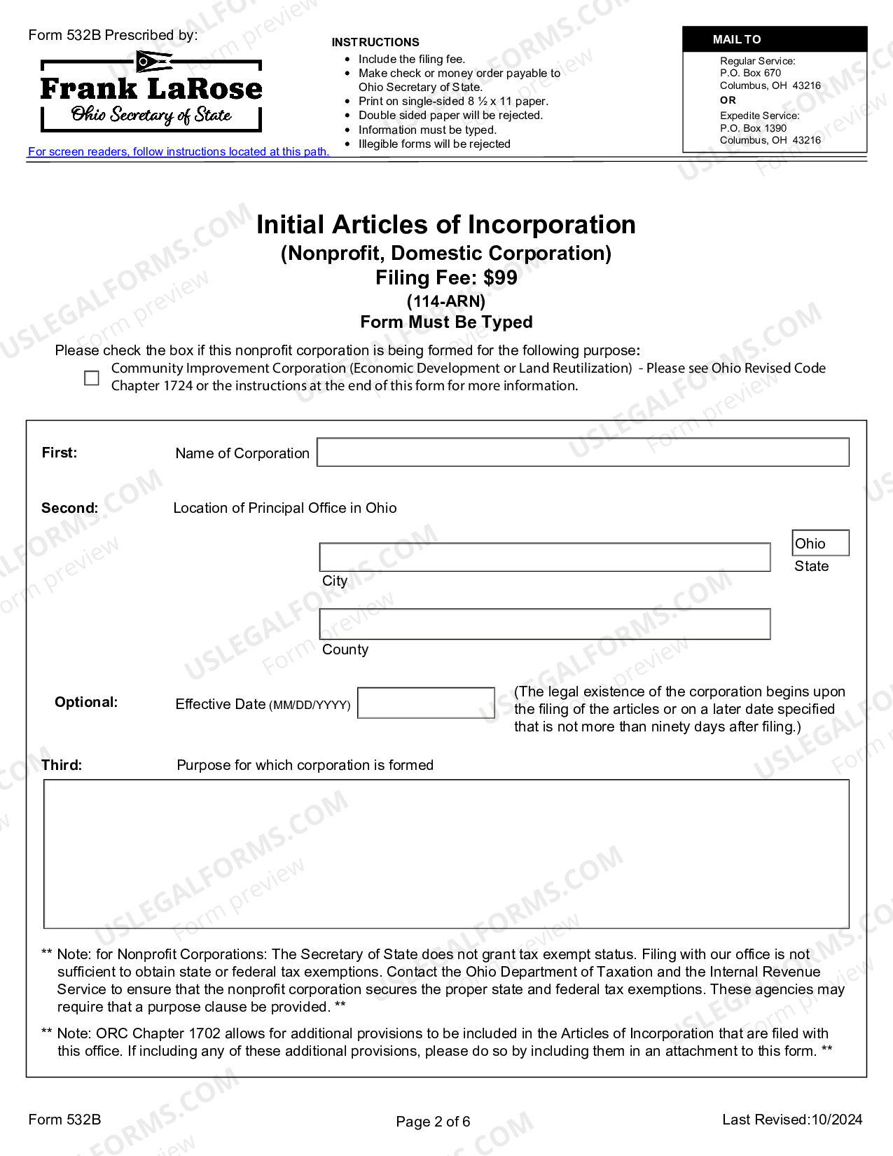 Initial Articles of Incorporation for Domestic Nonprofit Corporation in ...