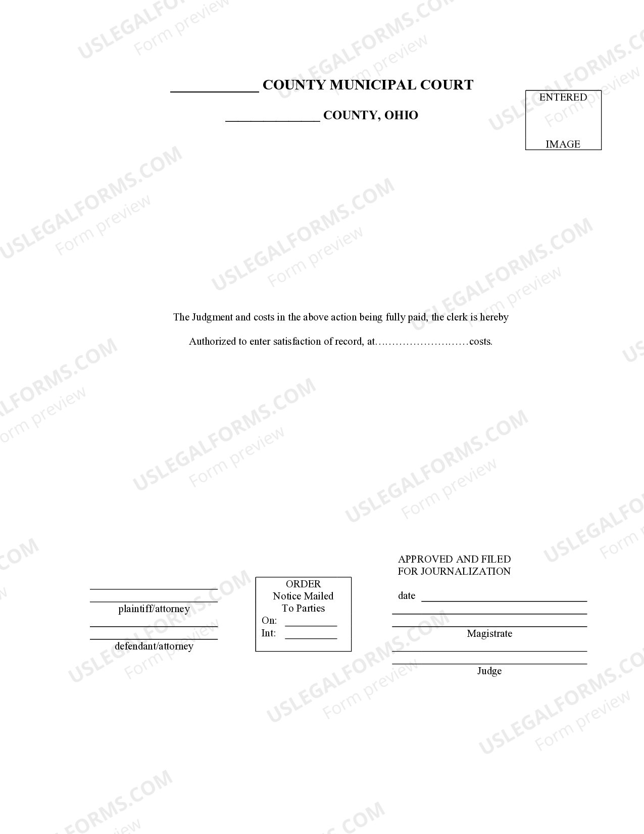 Ohio Entry of Satisfaction of Judgment - Judgement Entry Ohio | US Legal Forms