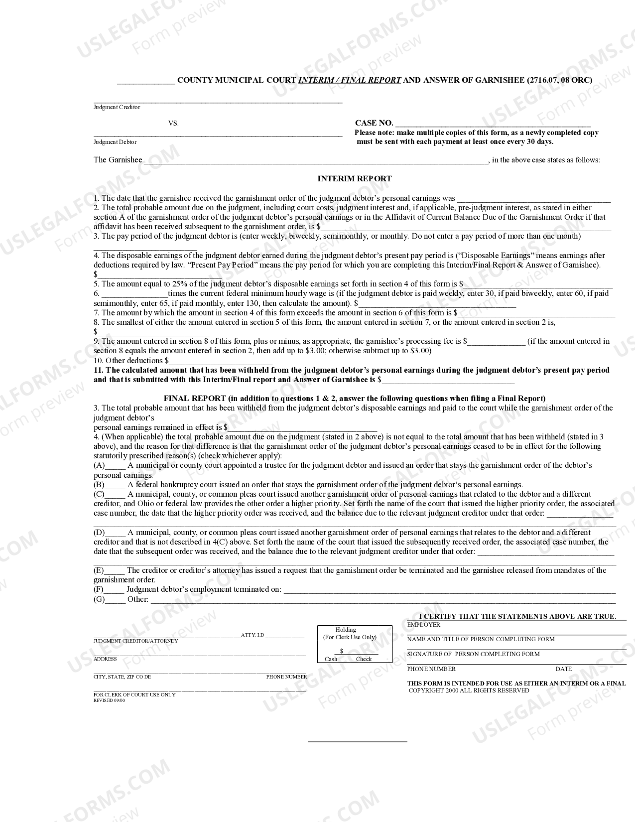 Ohio Interim - Final Report and Answer of Garnishee | US Legal Forms