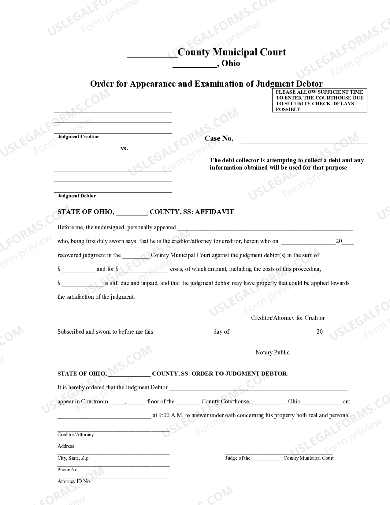 Ohio Order for Appearance and Examination of Judgment Debtor | US Legal Forms