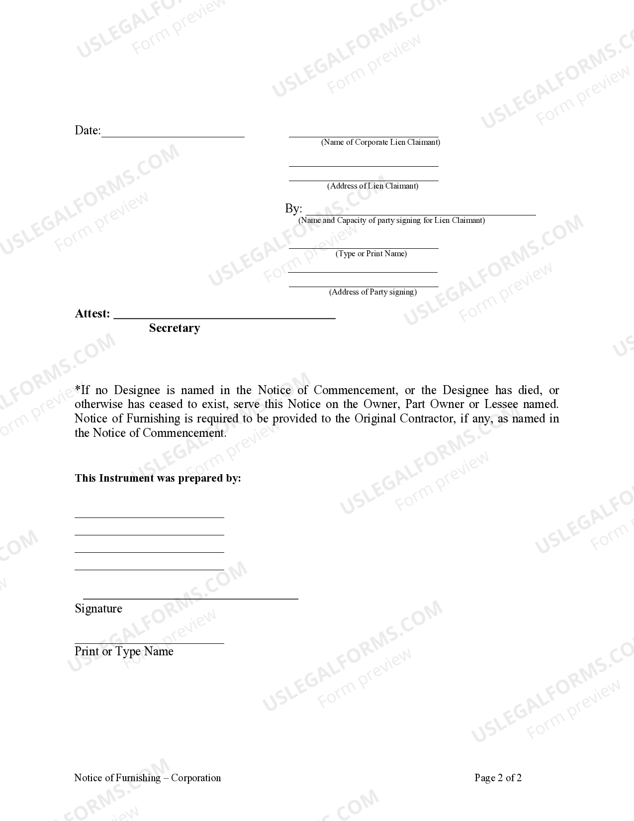 Ohio Notice of Furnishing - Corporation - Ohio Notice Of Furnishing | US Legal Forms