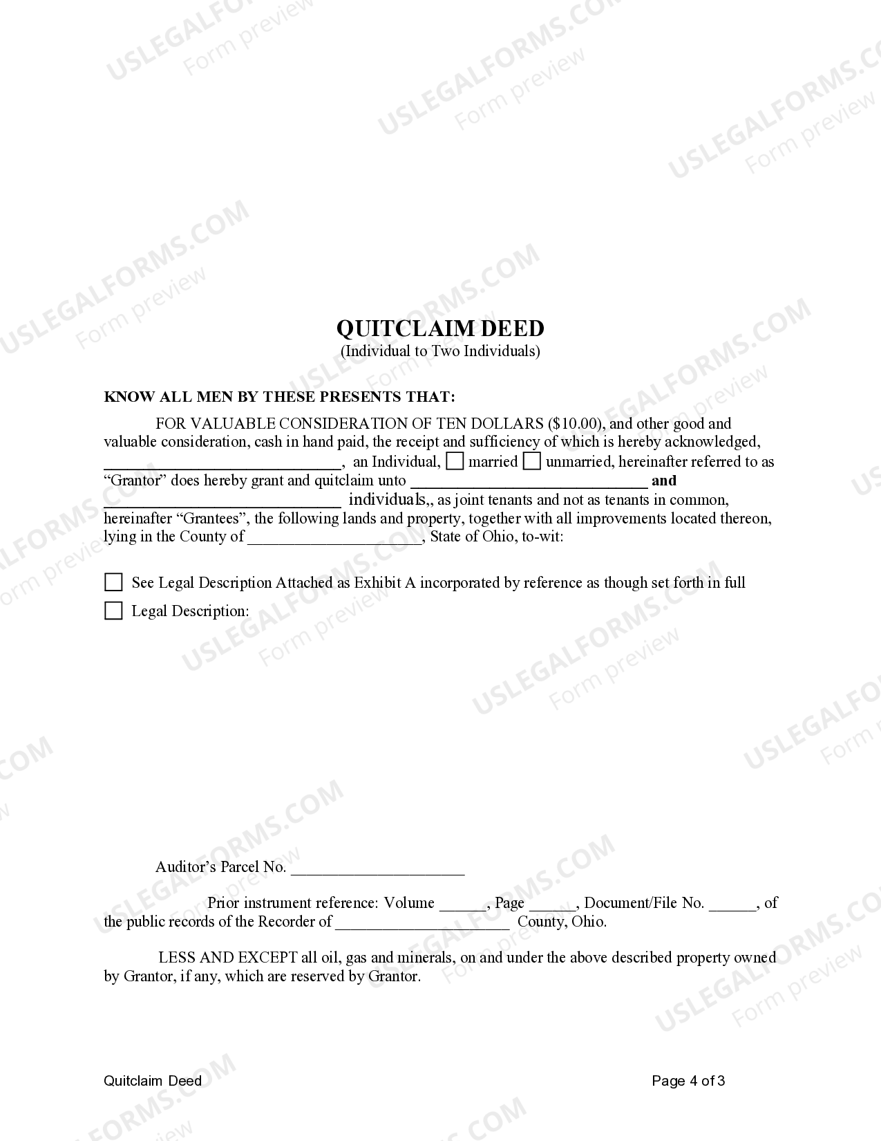 Ohio Quitclaim Deed from Individual to Two Individuals in Joint Tenancy - Quit Claim Deed Ohio ...