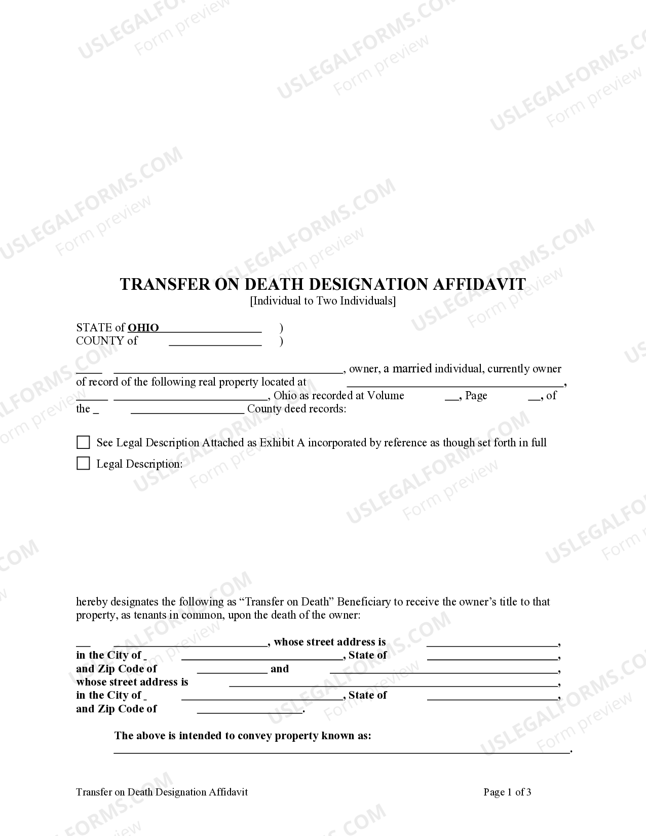 Ohio Transfer on Death Designation Affidavit - Transfer Death Tod | US Legal Forms
