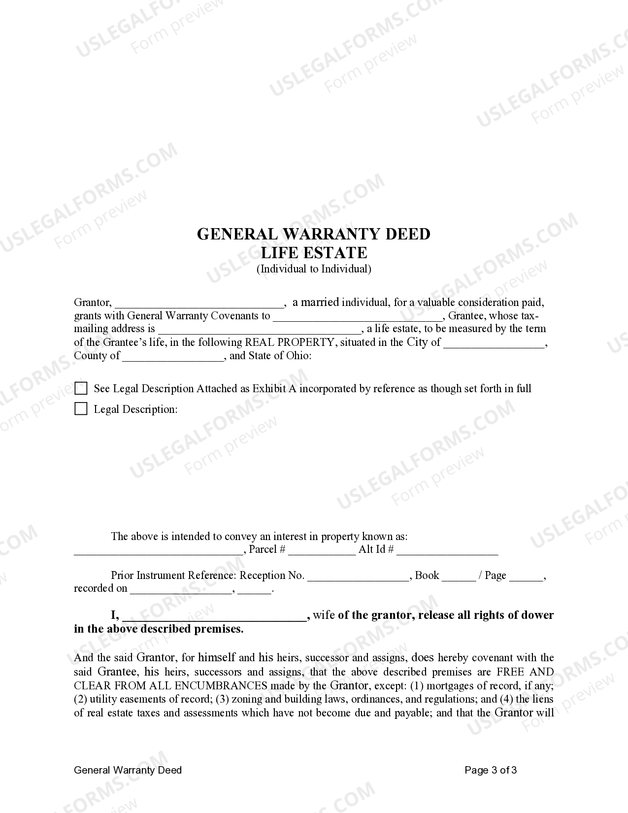 Ohio General Warranty Deed - Life Estate - General Warranty Deed | US ...