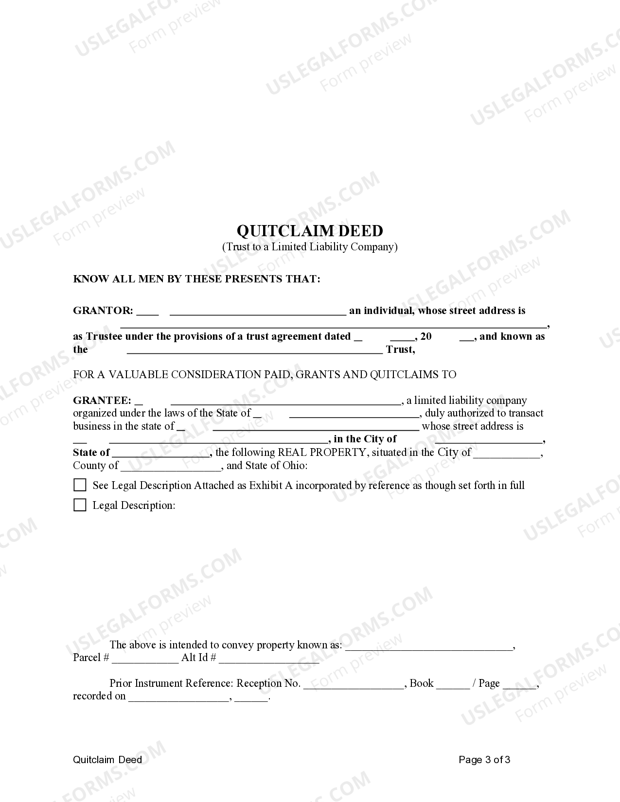 Ohio Quitclaim Deed - Trust to a Limited Liability Company - Ohio Quit ...