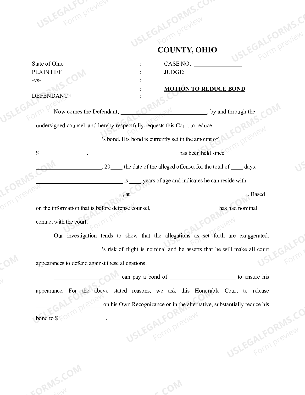 Ohio Motion to Reduce Bond | US Legal Forms