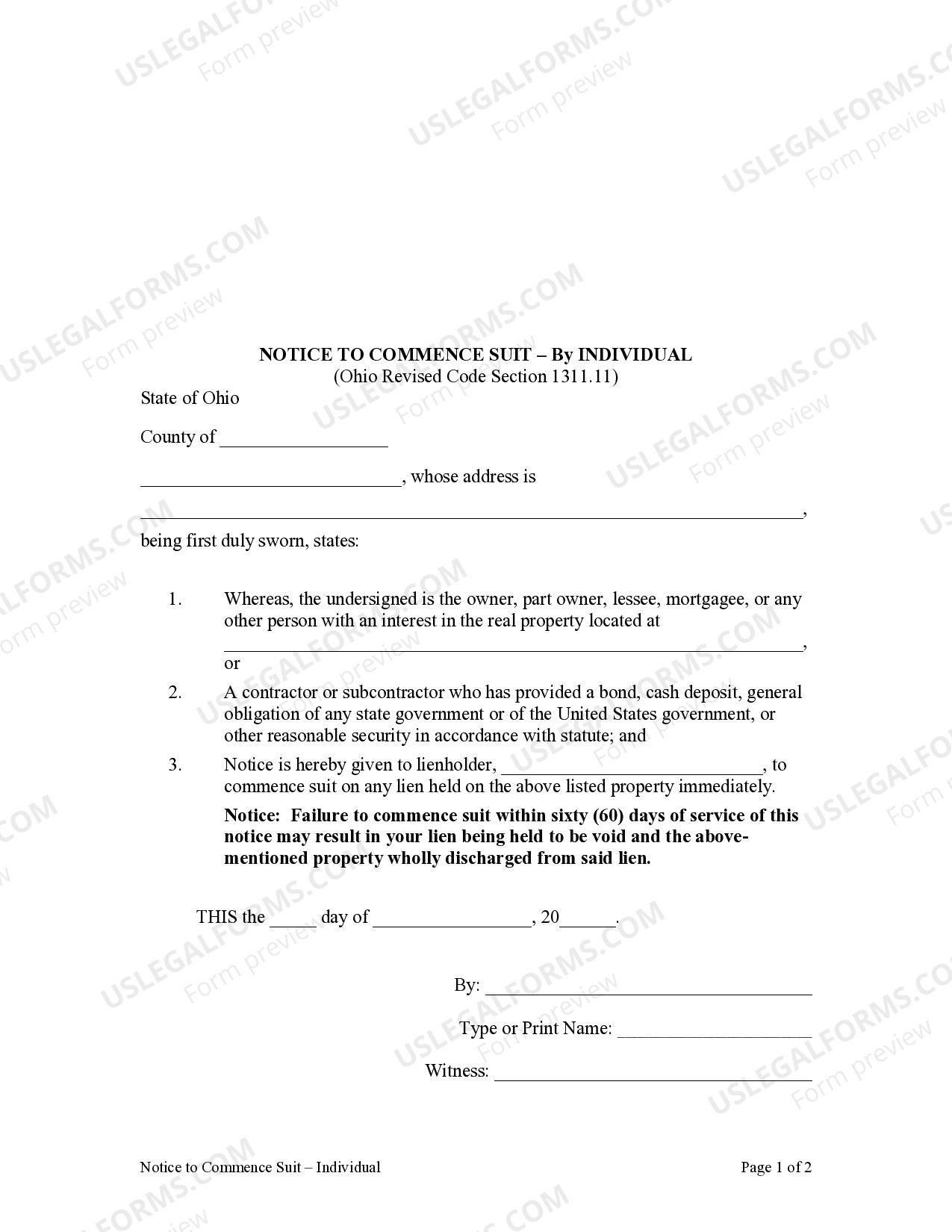 Ohio Notice to Commence Suit - Individual - Commence Suit | US Legal Forms