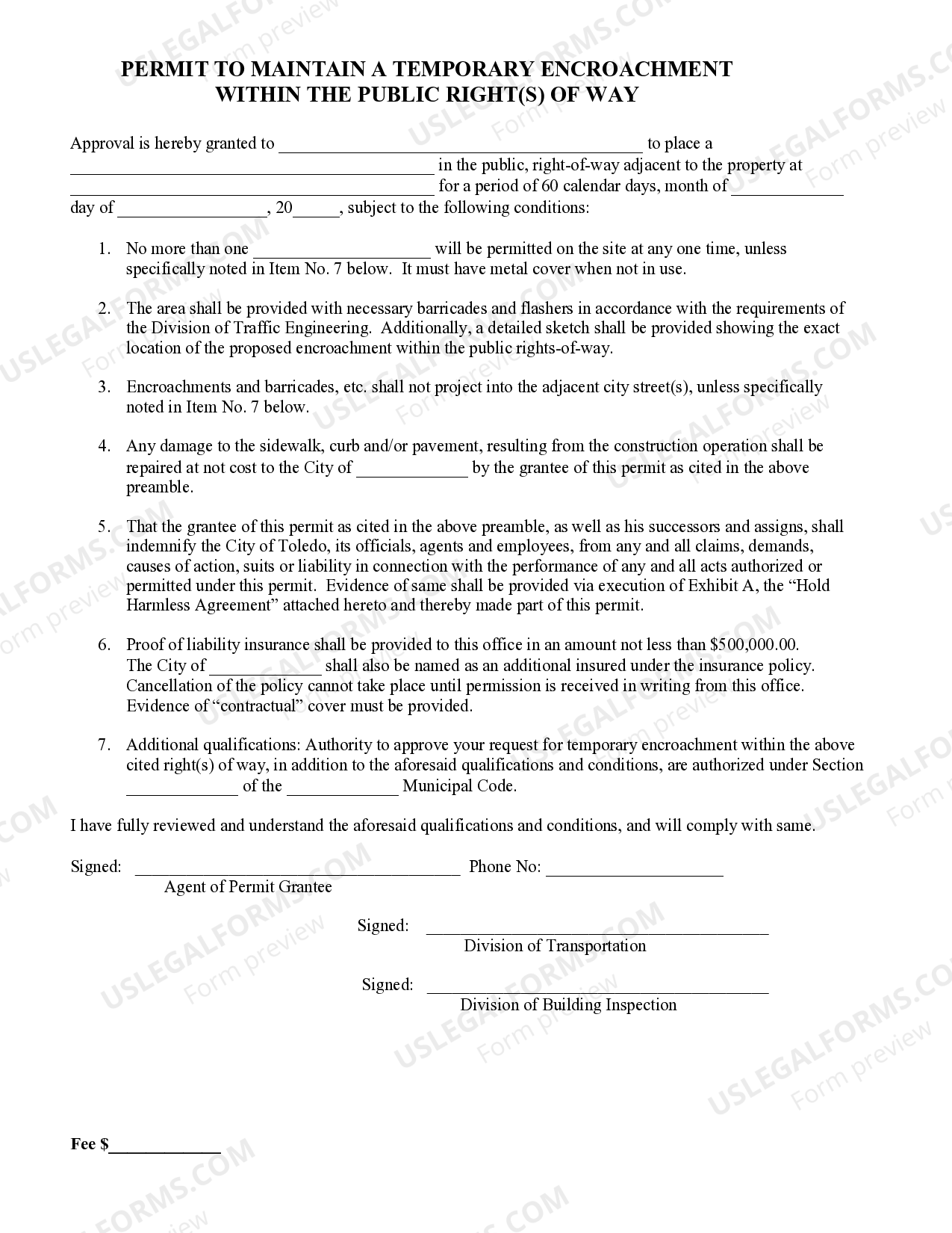 Ohio Permit to Maintain a Temporary Encroachment with Public Right of ...