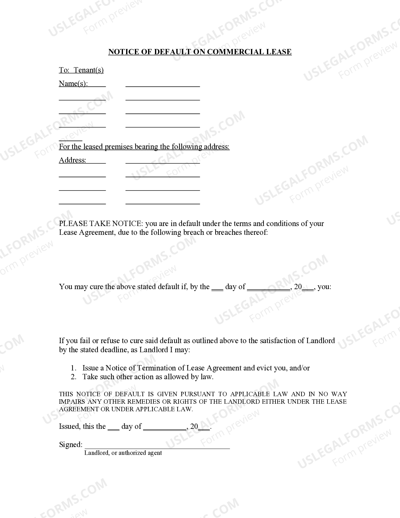 Akron Ohio Letter from Landlord to Tenant as Notice of Default on ...