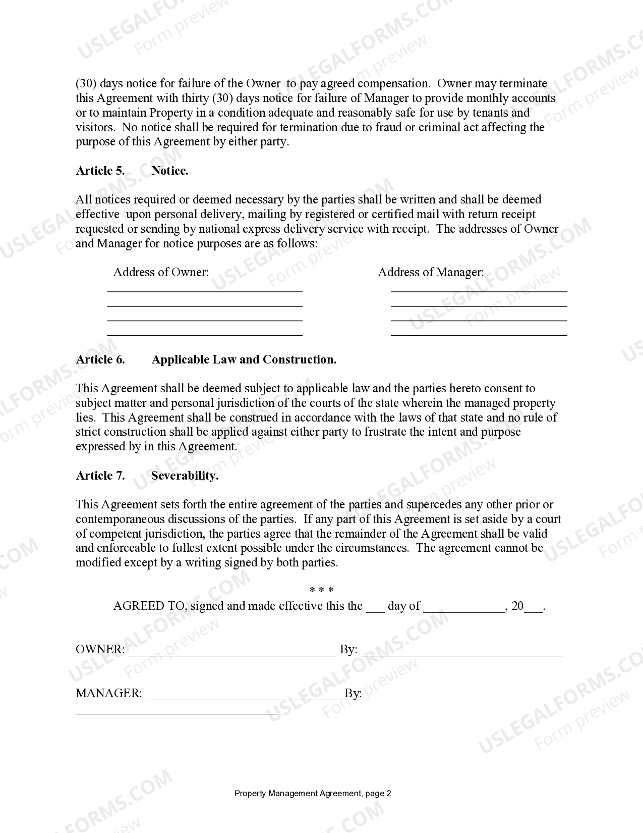 Property Management Agreement Sample With Owner | US Legal Forms