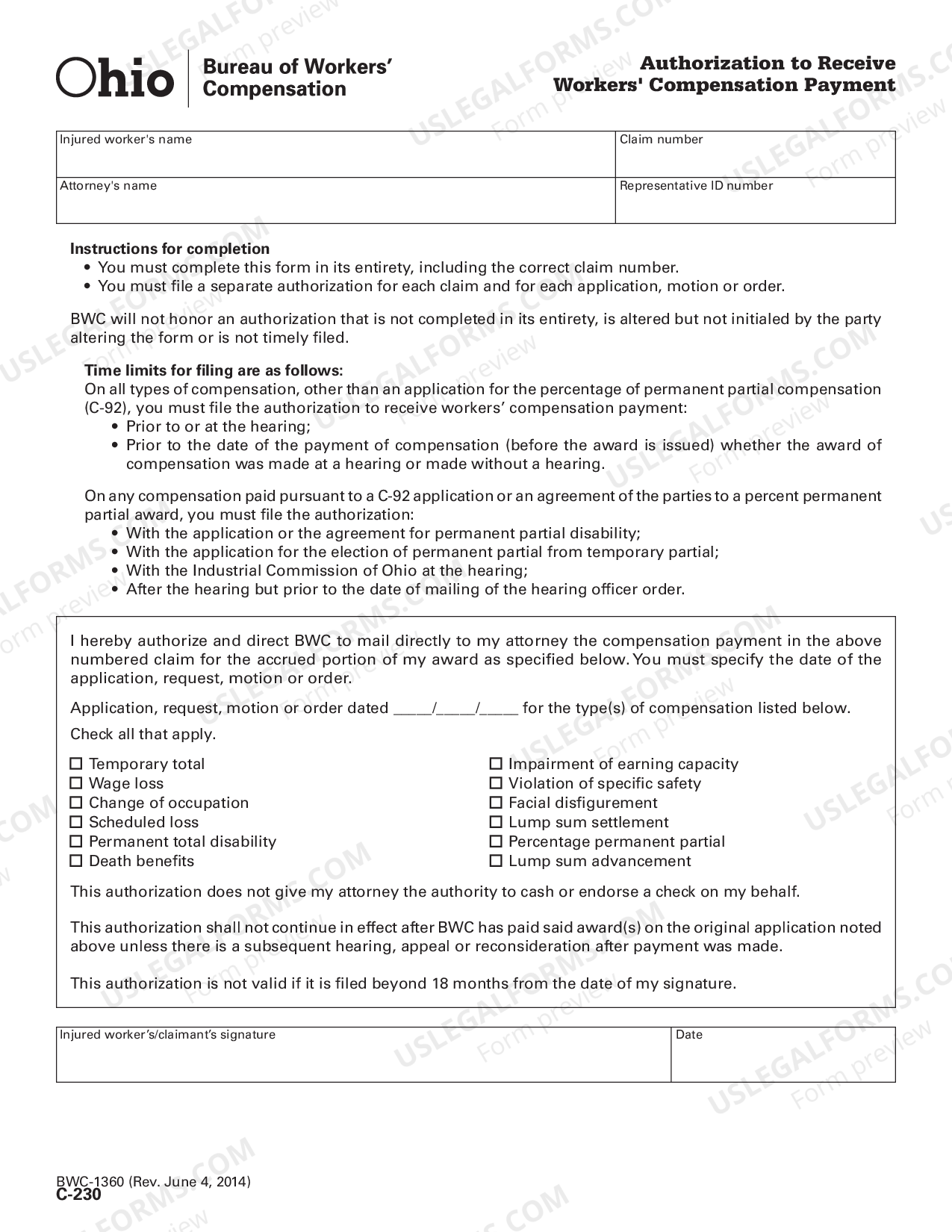 Ohio Authorization to Receive Workers Compensation Check for Workers ...