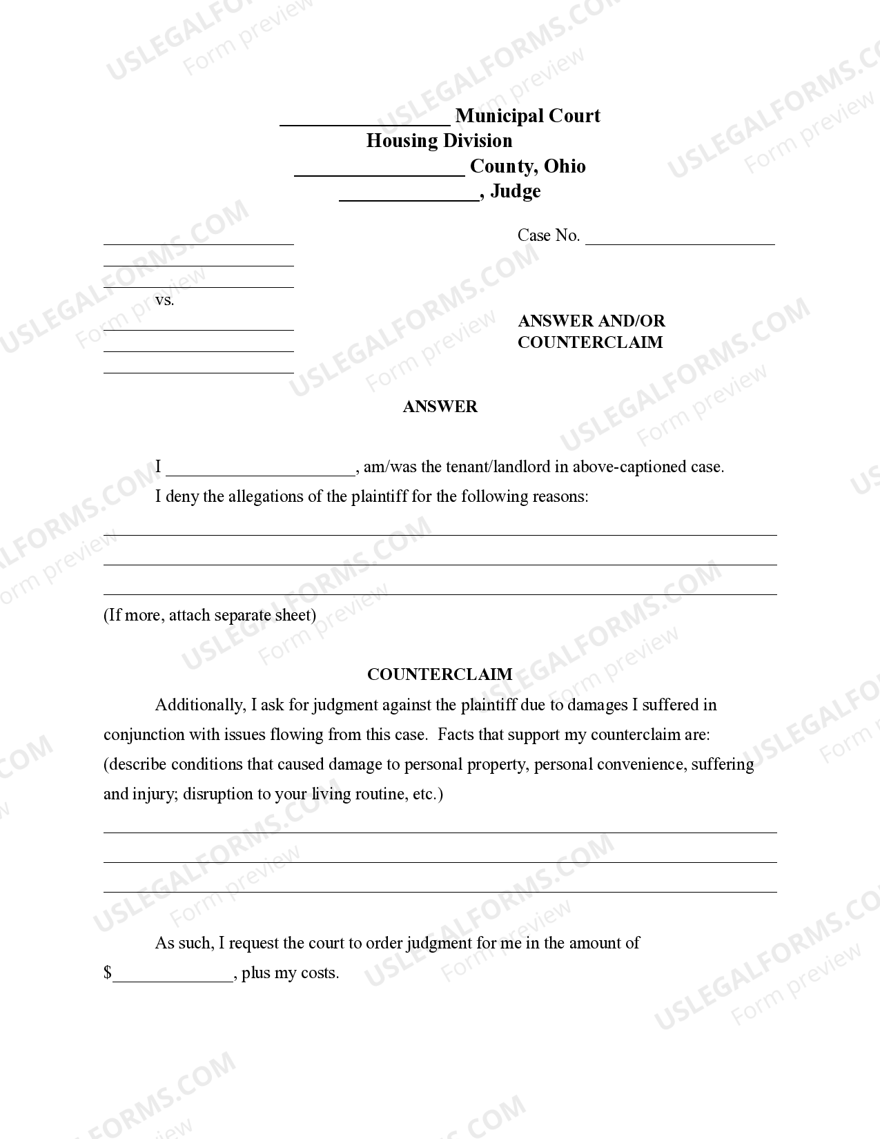 Ohio Answer and or Counterclaim | US Legal Forms