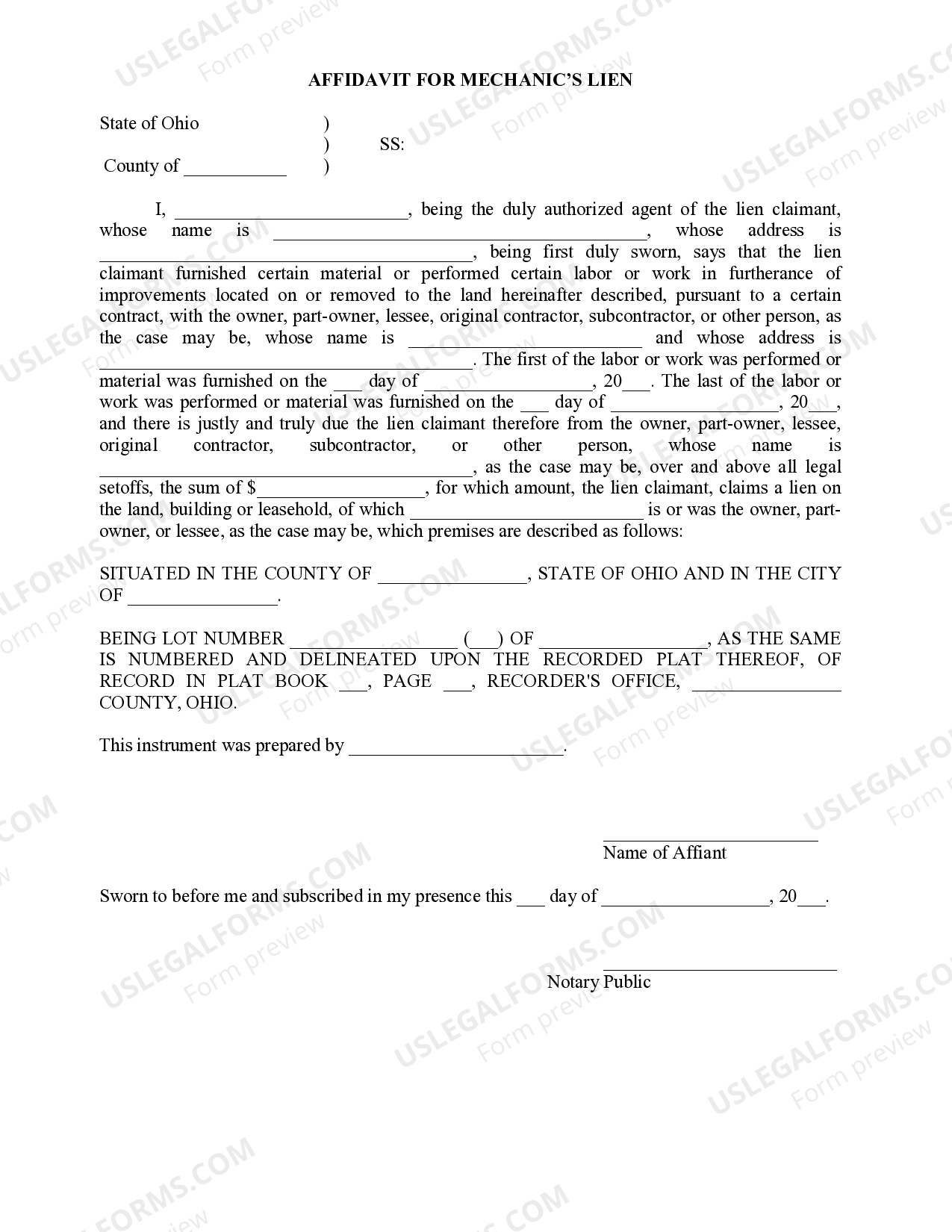 Ohio Affidavit for Mechanic's Lien - Corrective Affidavit Form | US ...