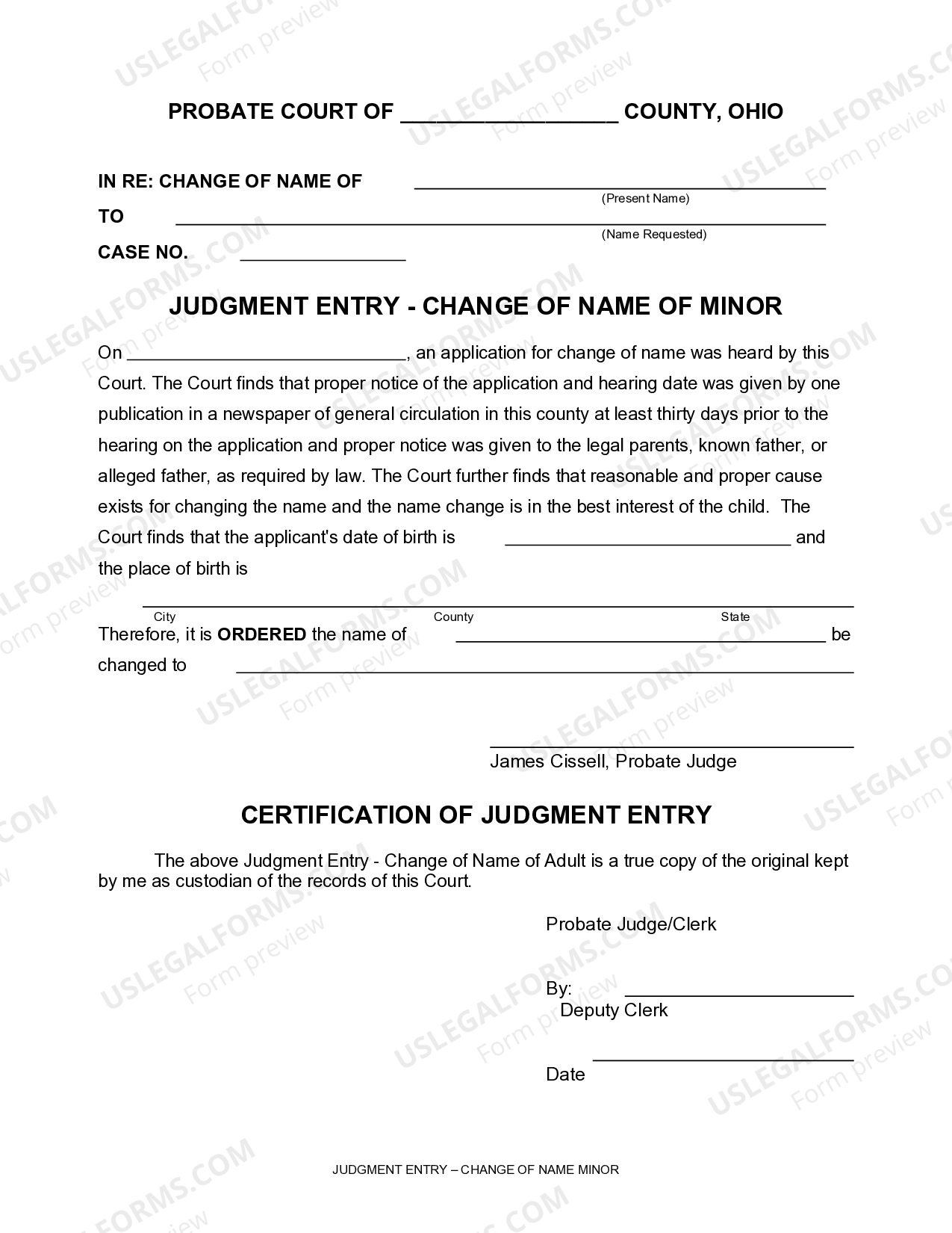 Ohio Judgment Entry - Change of Name of Minor - Judgment Entry Form ...