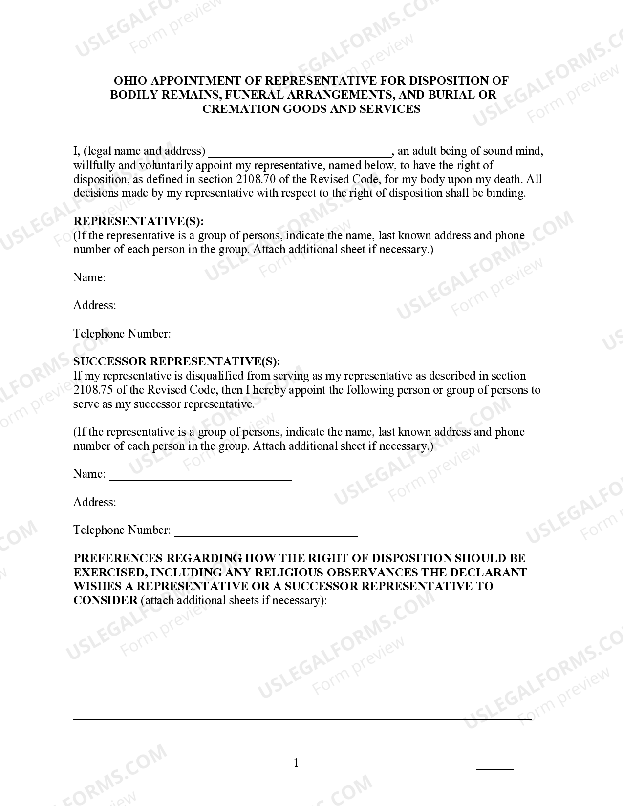 Ohio Appointment Of Representative For Disposition Of Bodily Remains ...