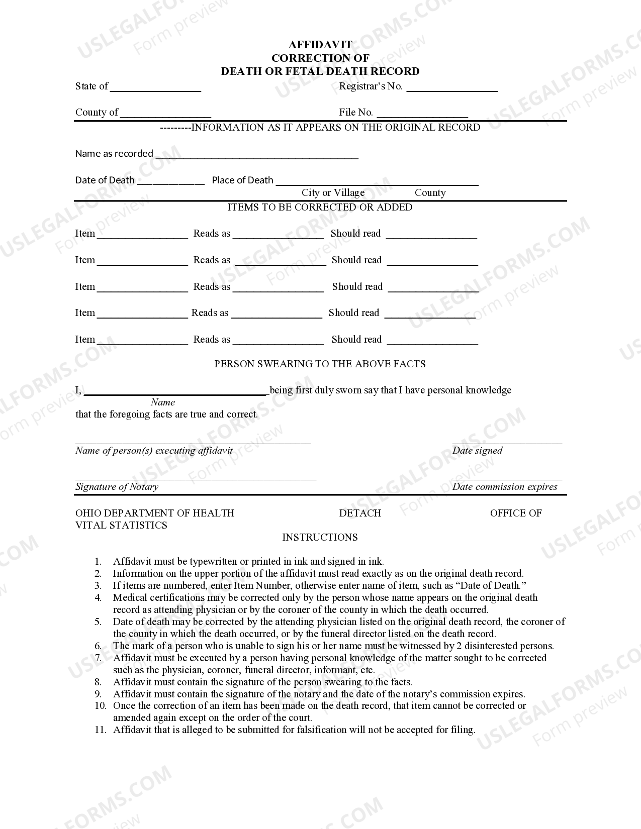 Ohio Affidavit Correction of Death or Fetal Death Record | US Legal Forms