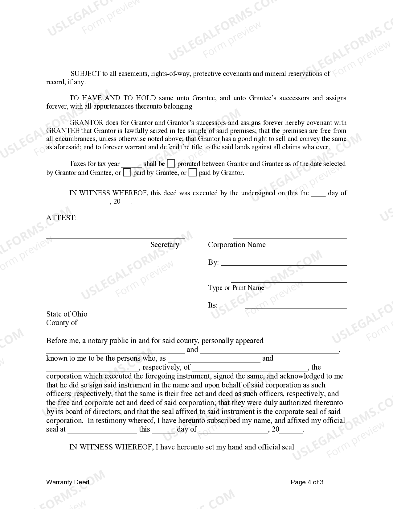 Ohio General Warranty Deed for Corporation to Corporation - Corporate ...