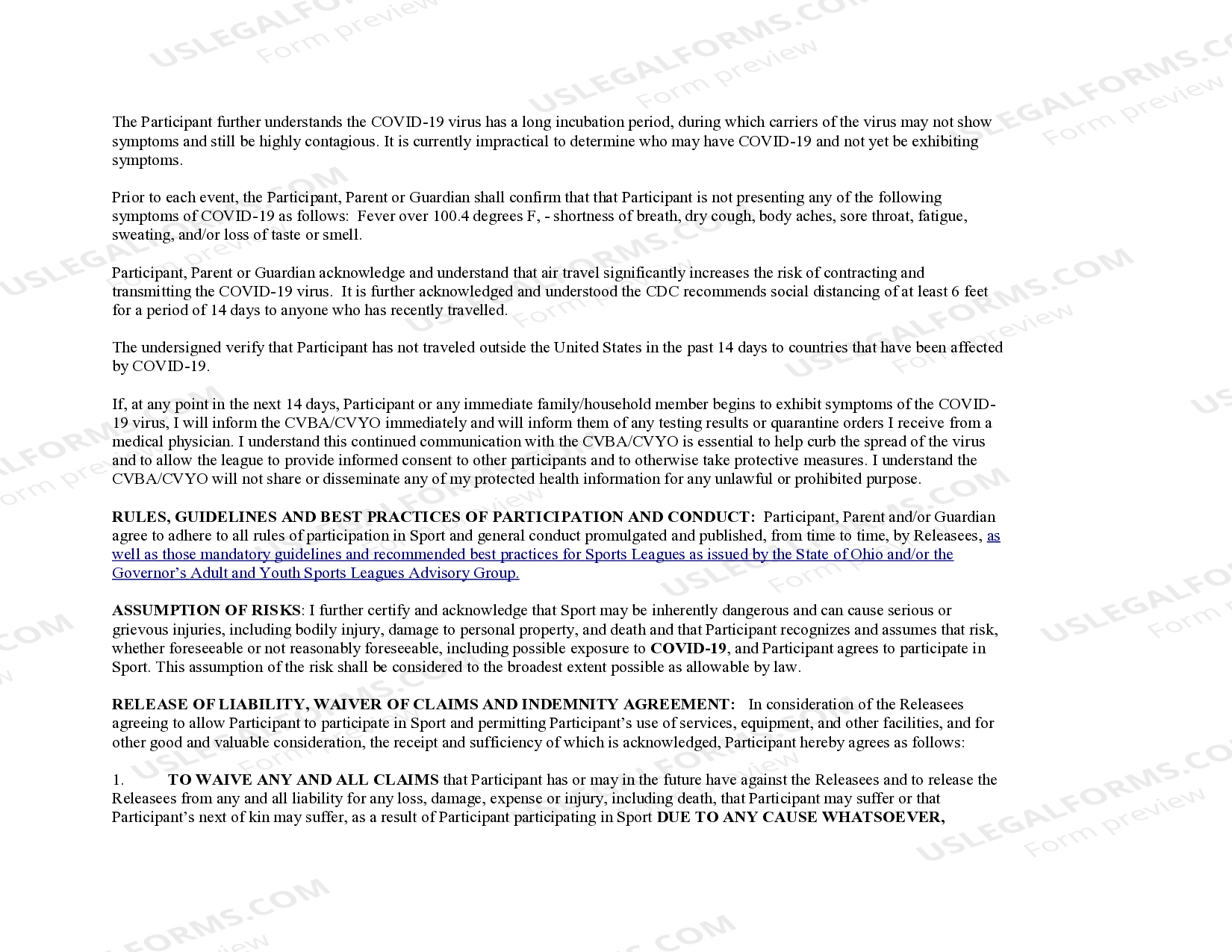 Ohio Parental Waiver, Release of Liability, Indemnification and Consent ...