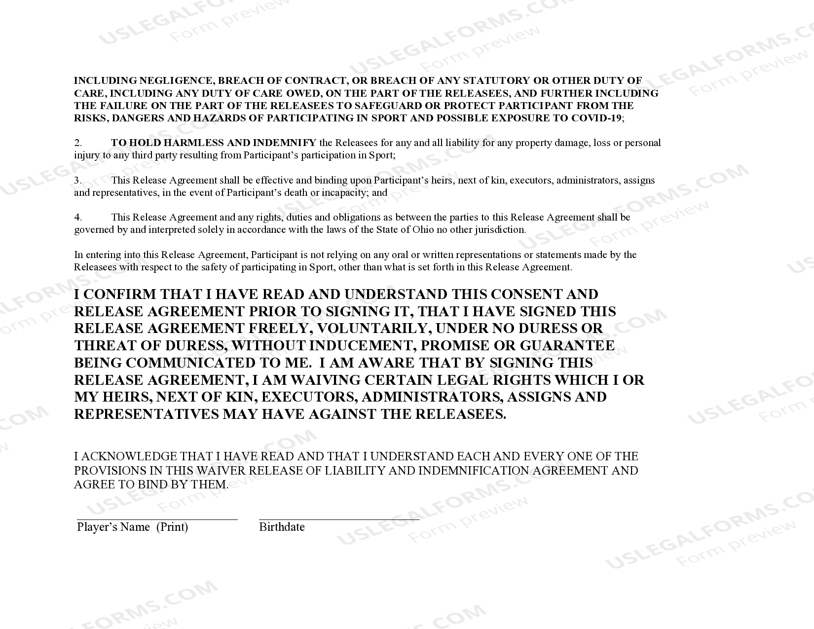 Ohio Parental Waiver, Release of Liability, Indemnification and Consent ...