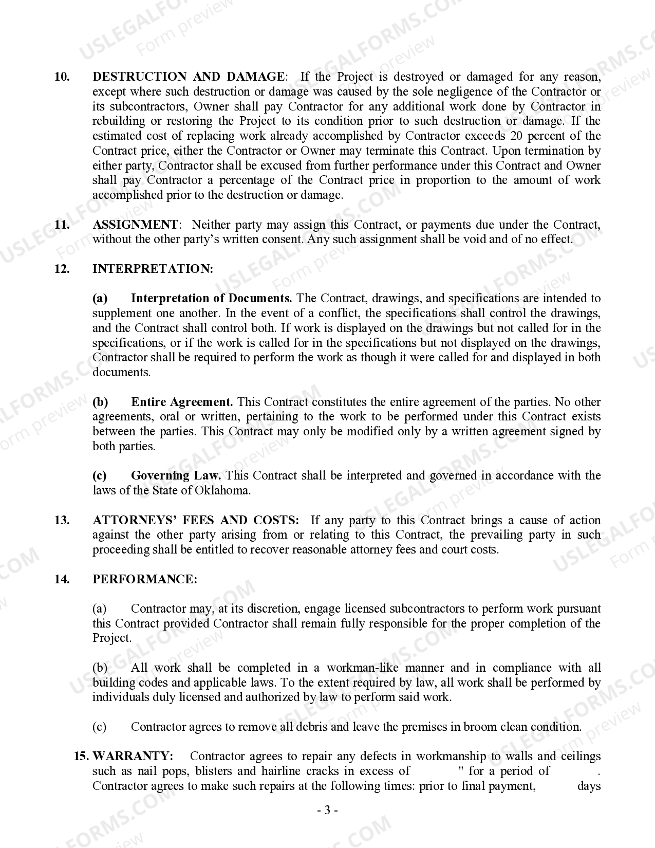 Oklahoma Sheetrock Drywall Contract for Contractor | US Legal Forms
