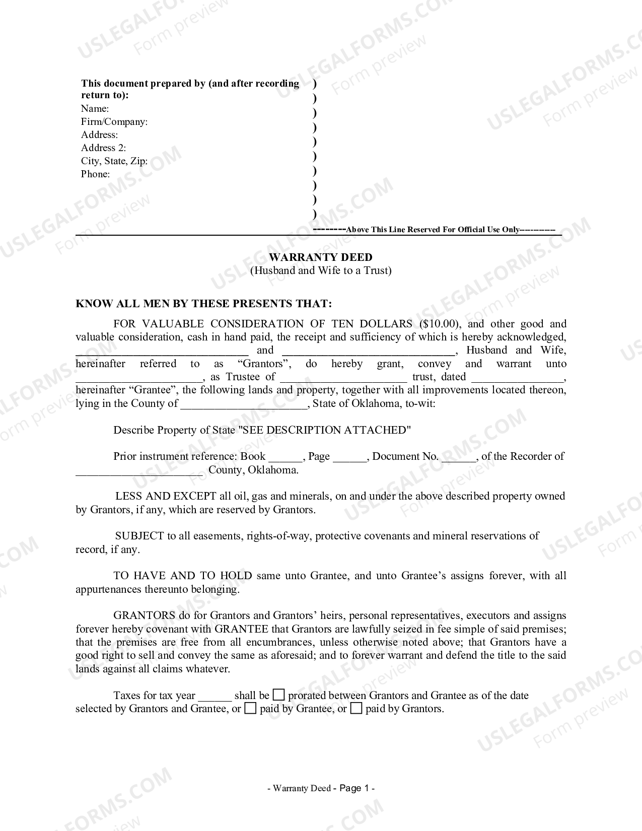 Oklahoma Warranty Deed from Husband and Wife to a Trust | US Legal Forms