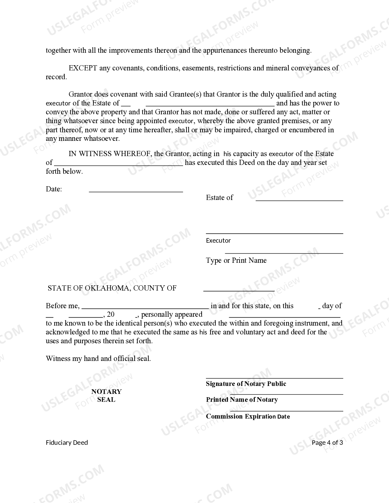 Oklahoma Fiduciary Deed for Probate Estate - Deed Probate | US Legal Forms