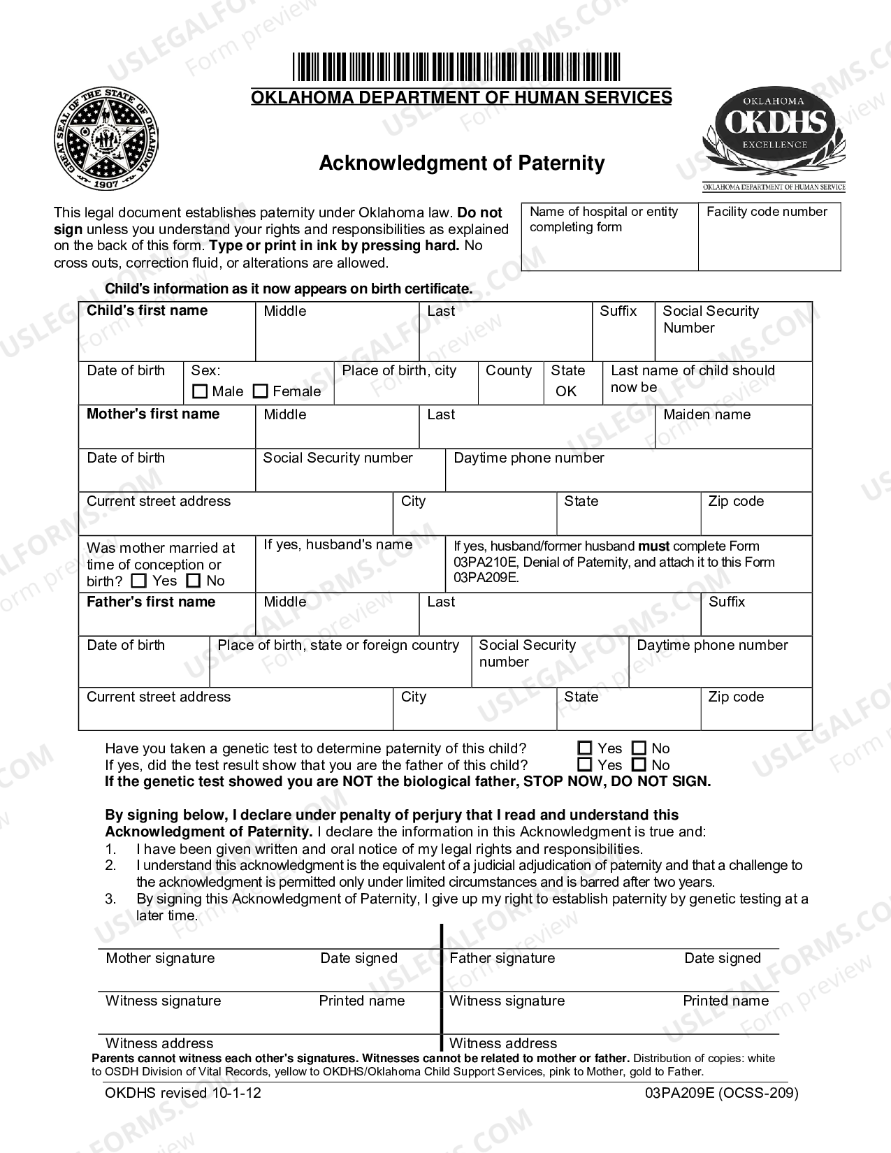 Oklahoma Acknowledgment of Paternity - Acknowledgement Of Paternity ...
