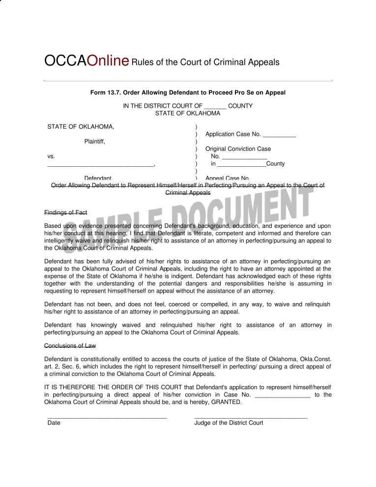 Oklahoma Form 13.7 Order Allowing Defendant to Proceed Pro Se on Appeal ...