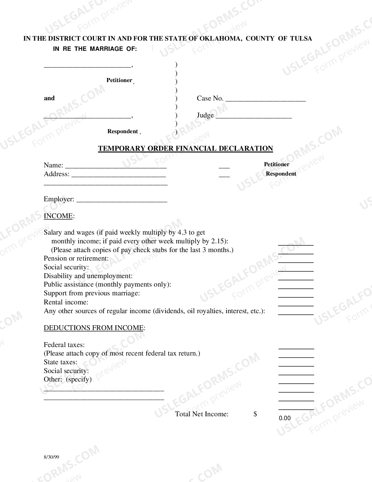 Oklahoma Temporary Order Financial Declaration - Average Child Support ...