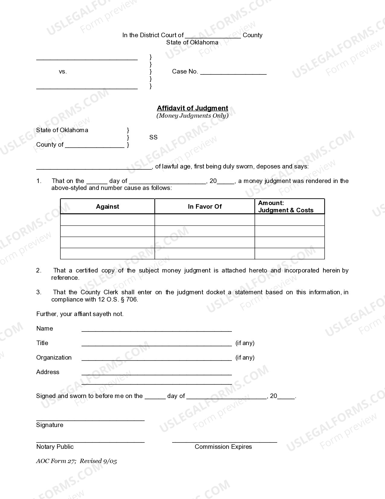 Oklahoma Affidavit Of Judgment | US Legal Forms