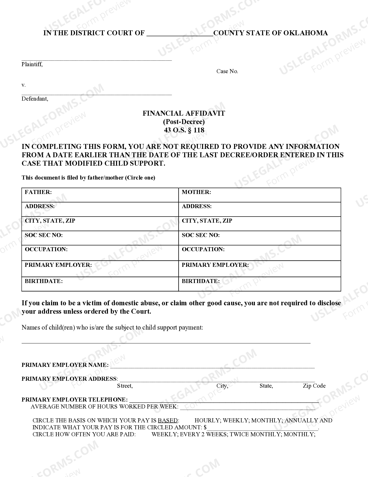 Oklahoma Financial Affidavit - Post Decree | US Legal Forms