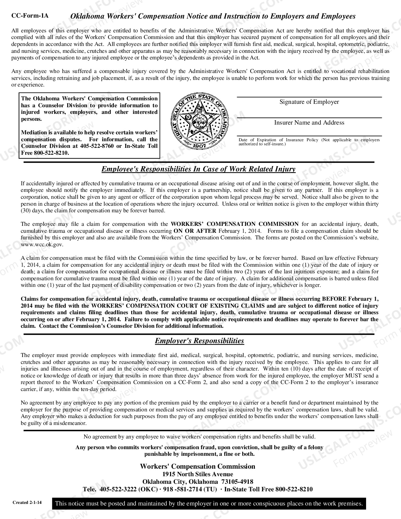 Oklahoma Compensation Notice and Instruction to Employer's and Employee ...