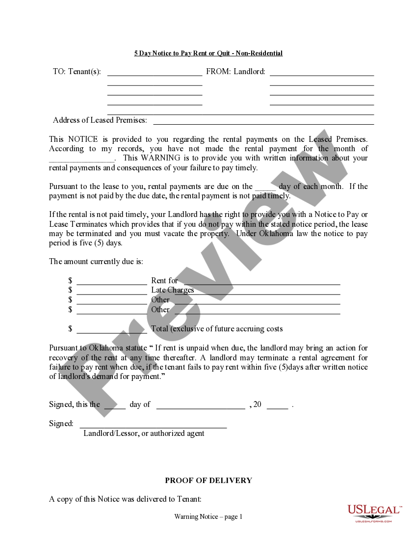 Oklahoma 5 Day Notice To Pay Rent Or Quit Prior To Eviction Rent Eviction US Legal Forms