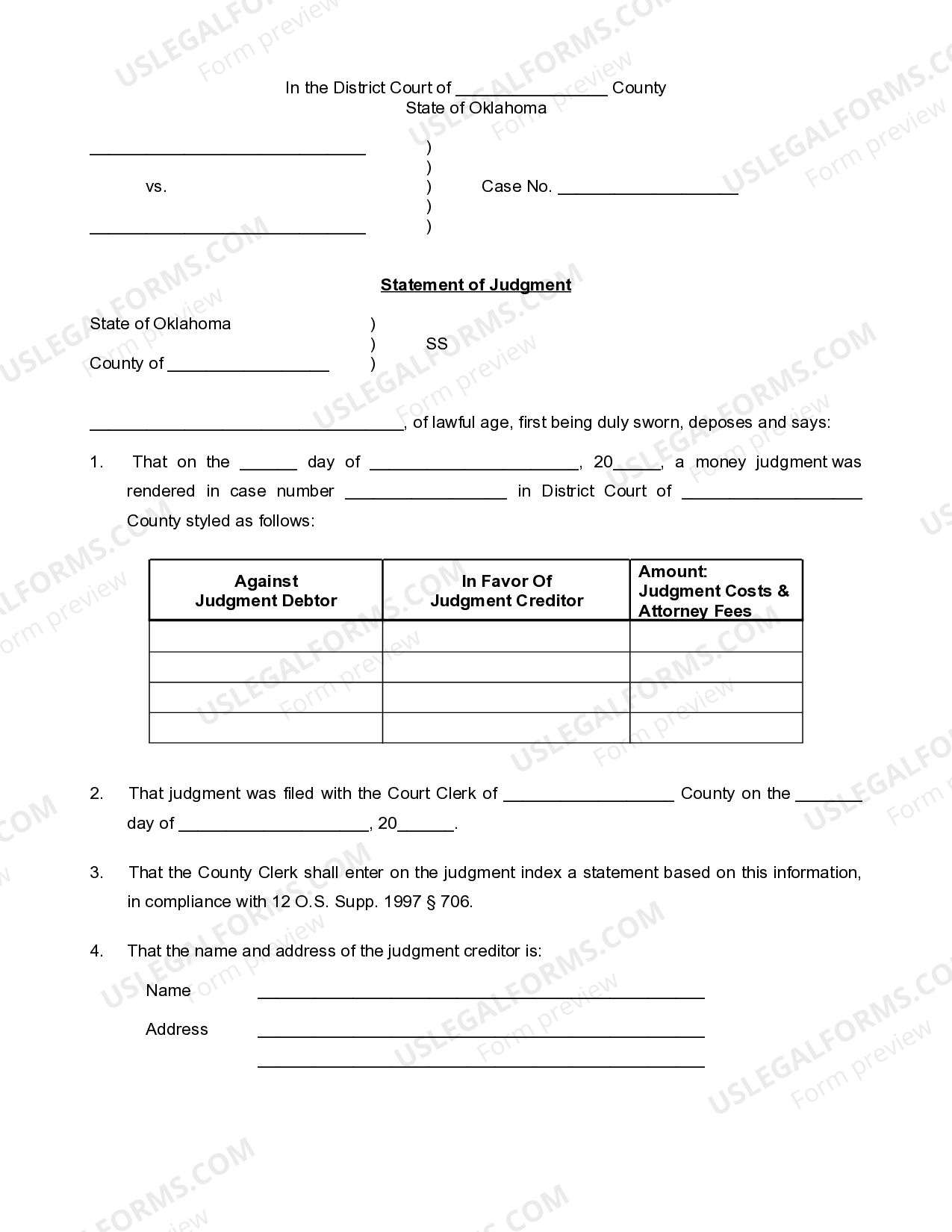 Oklahoma Statement of Judgment | US Legal Forms