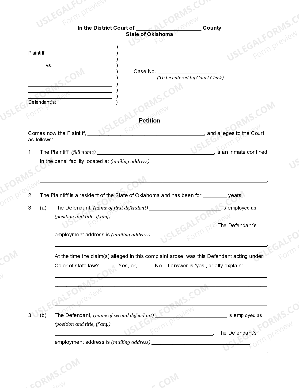 Oklahoma Inmate Forms for Filing of Civil Actions Against the State ...