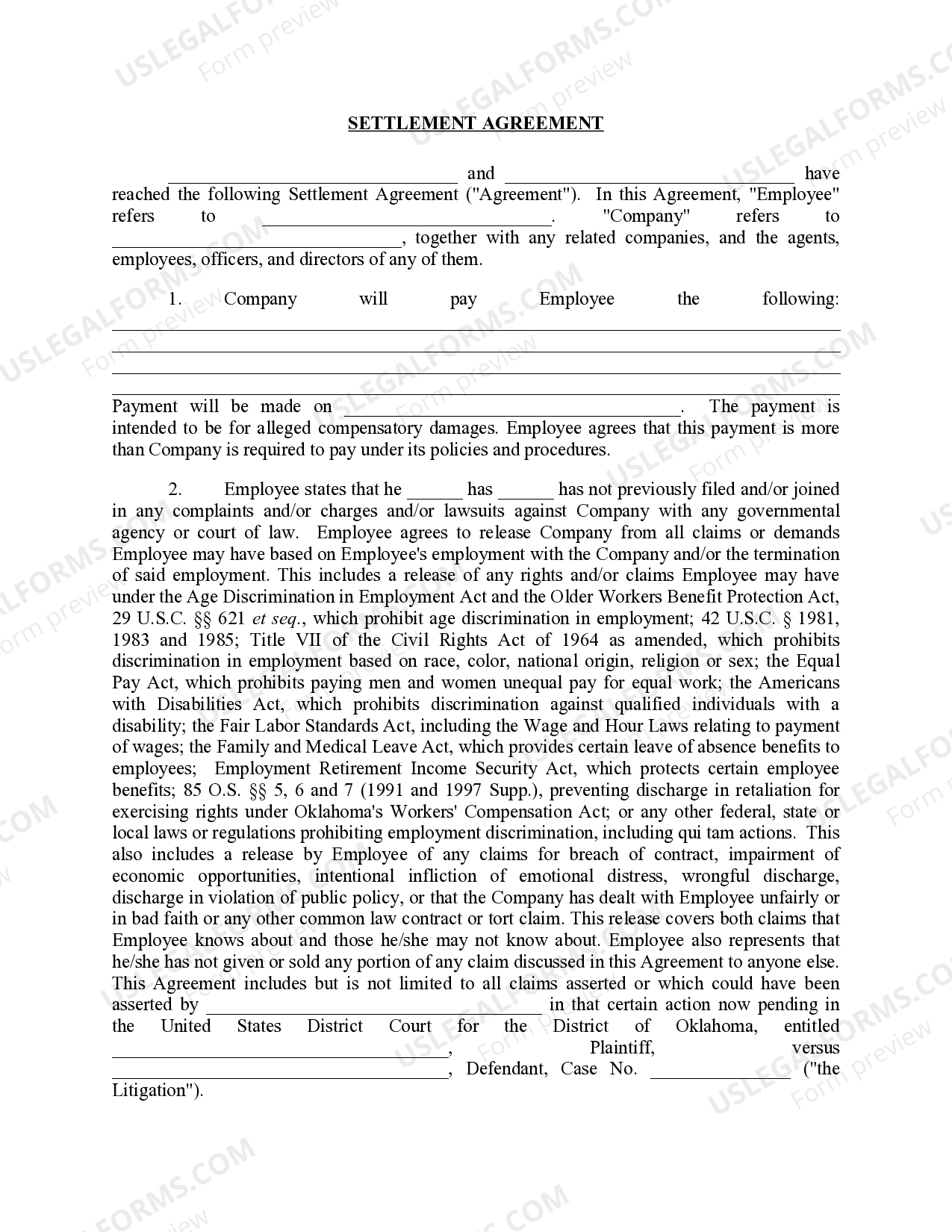 Oklahoma Voluntary Severance Package Settlement Agreement | US Legal Forms