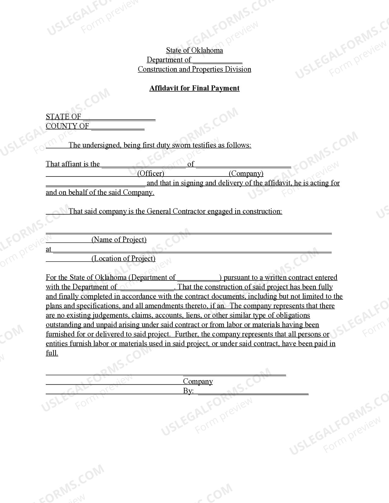 Oklahoma Affidavit for Final Payment | US Legal Forms