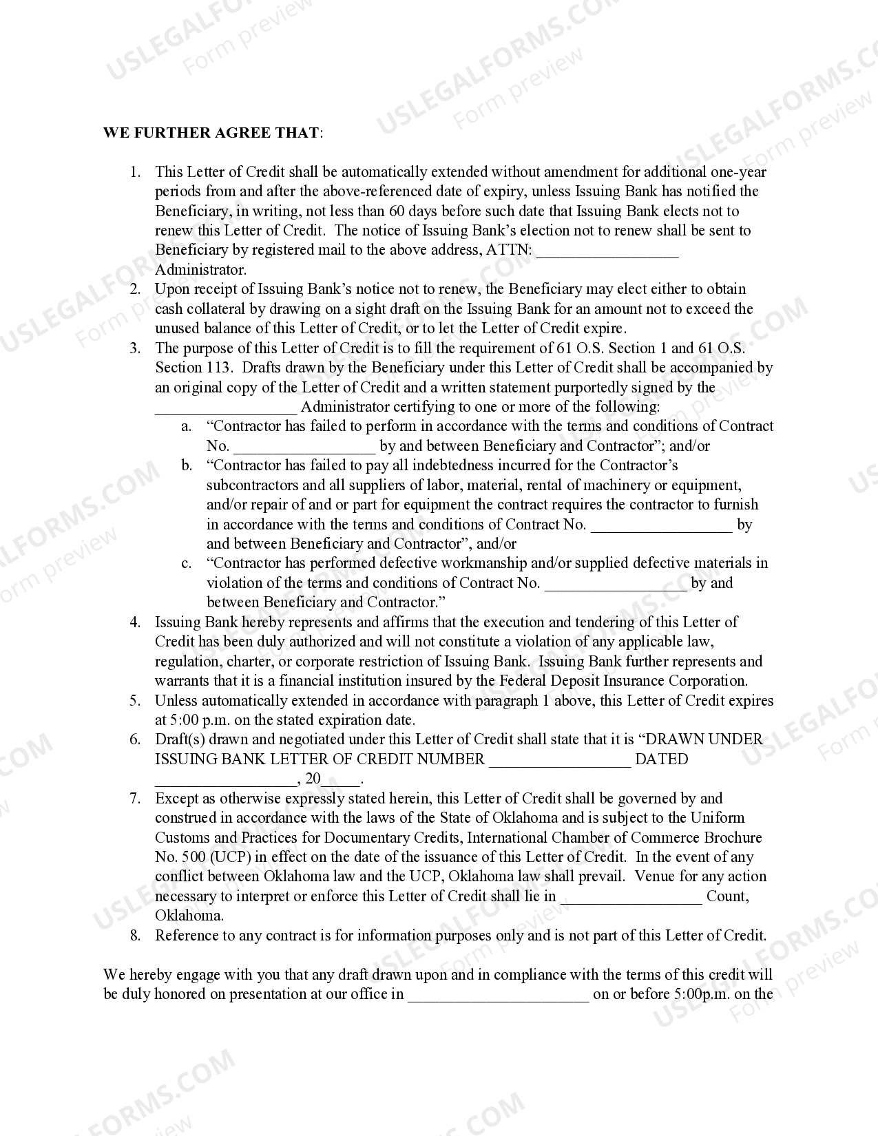 Oklahoma Irrevocable Standby Letter of Credit | US Legal Forms