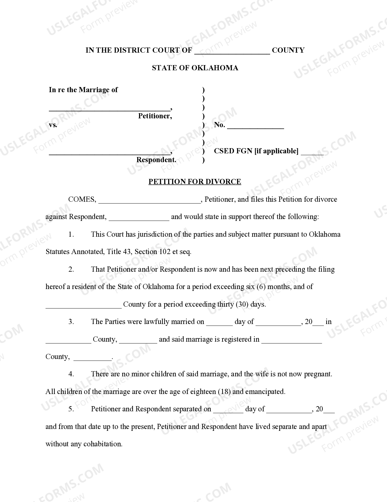 Oklahoma Petition for Divorce for People with Adult children | US Legal ...