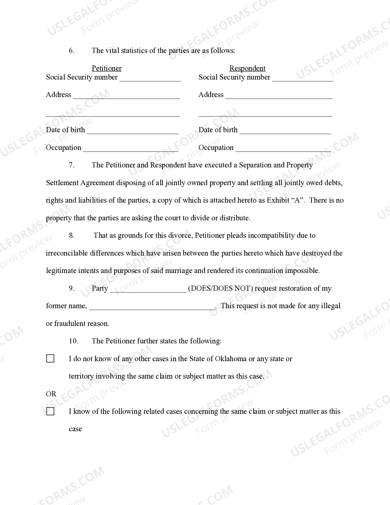 Oklahoma Petition for Divorce for People with Adult children | US Legal ...