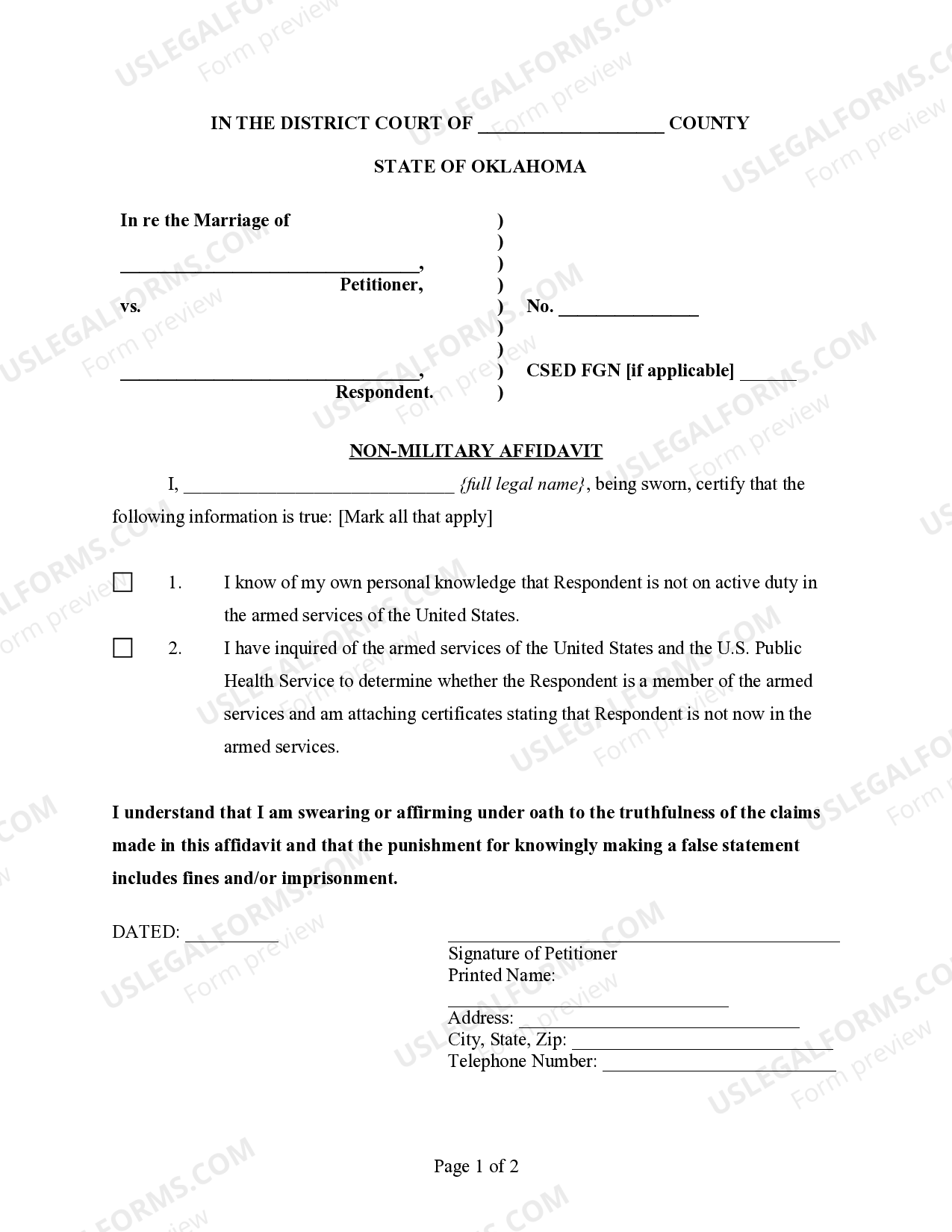Oklahoma Non-Military Affidavit | US Legal Forms