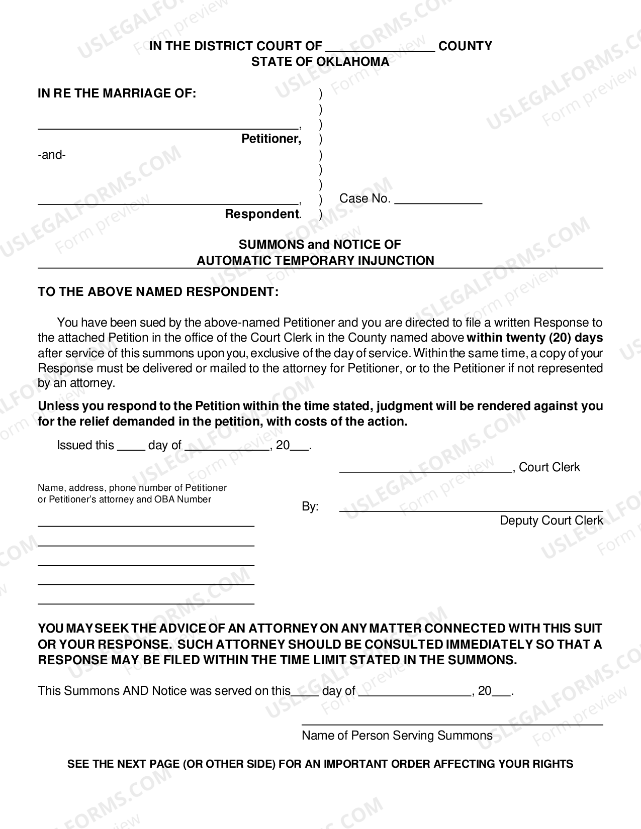Oklahoma Summons and Notice of Automatic Temporary Injunction ...