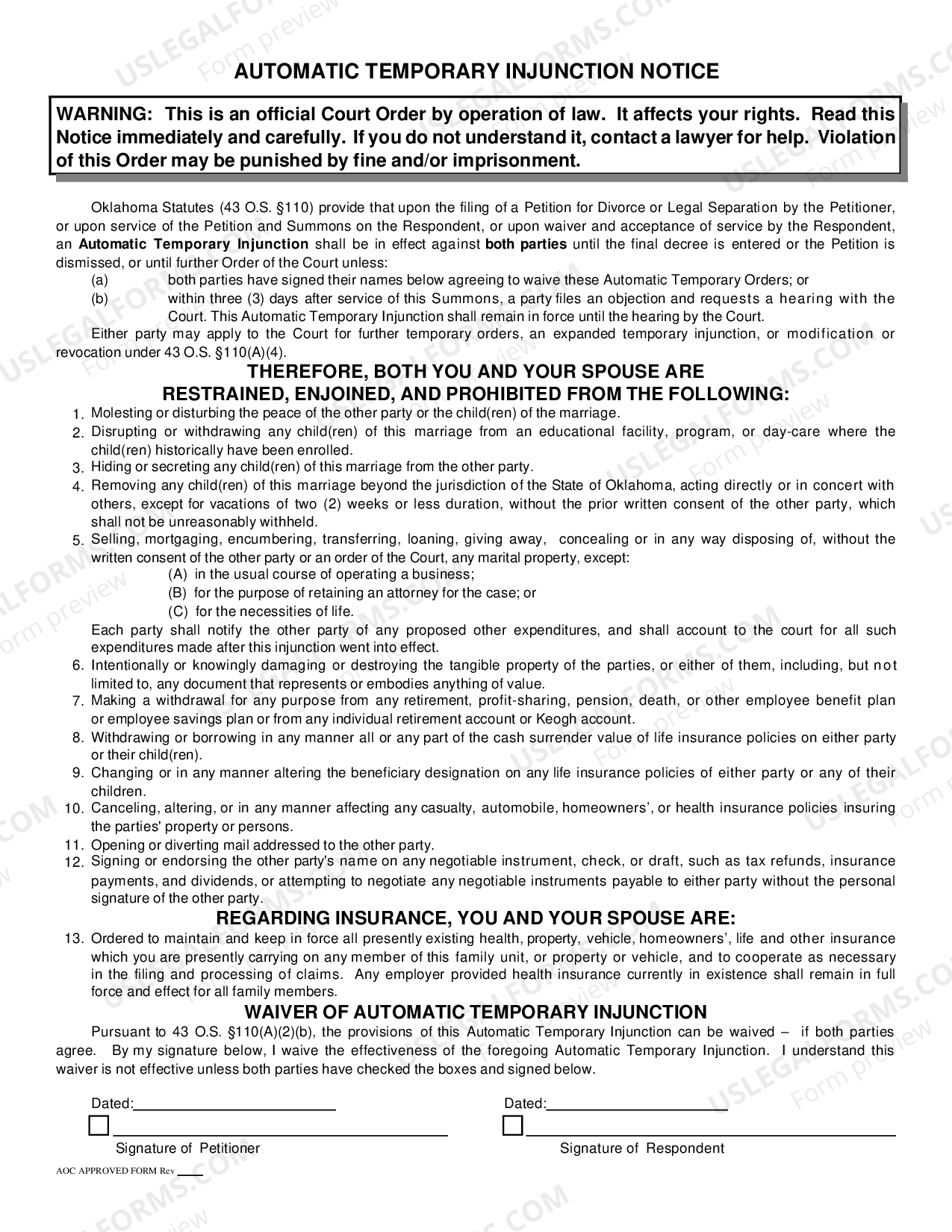 Oklahoma Summons and Notice of Automatic Temporary Injunction ...