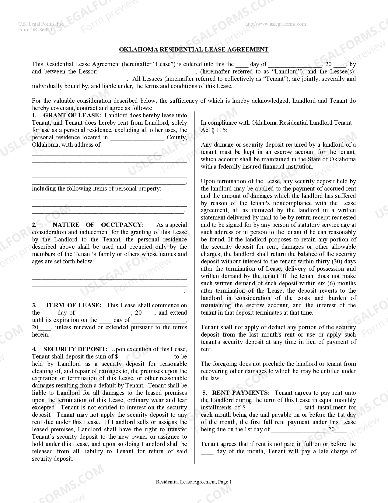 Oklahoma Residential Rental Lease Agreement - Oklahoma Lease Agreement ...