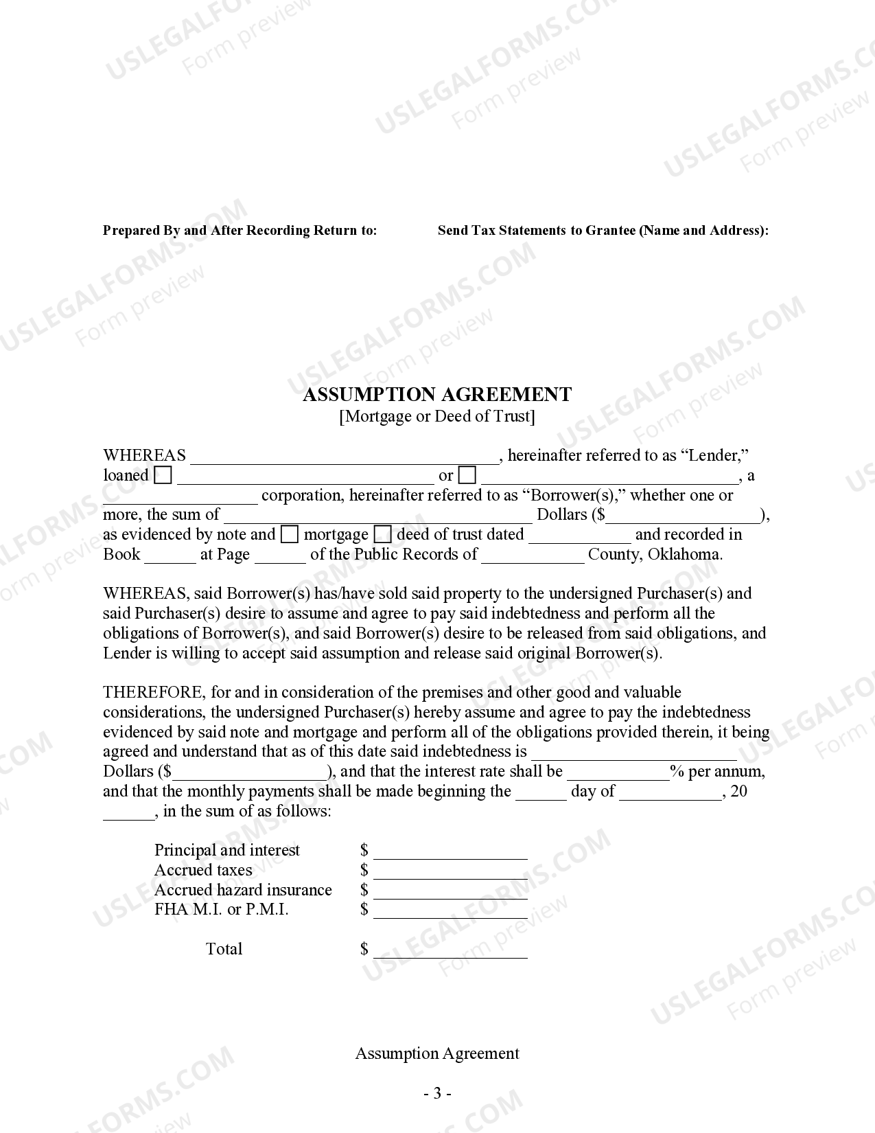 Oklahoma Assumption Agreement of Mortgage and Release of Original ...