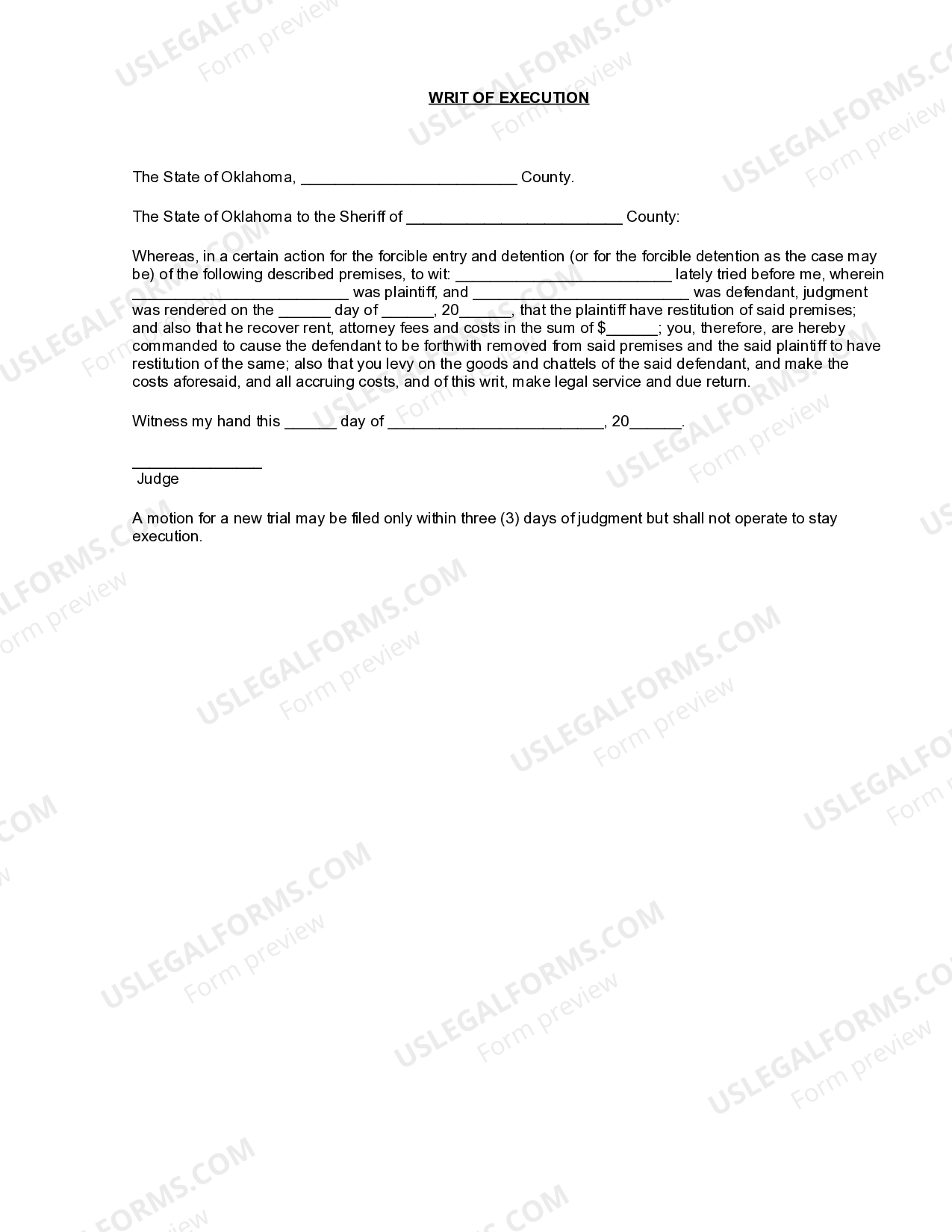 Oklahoma Writ of Execution in Forcible Entry and Detainer Action - Writ ...