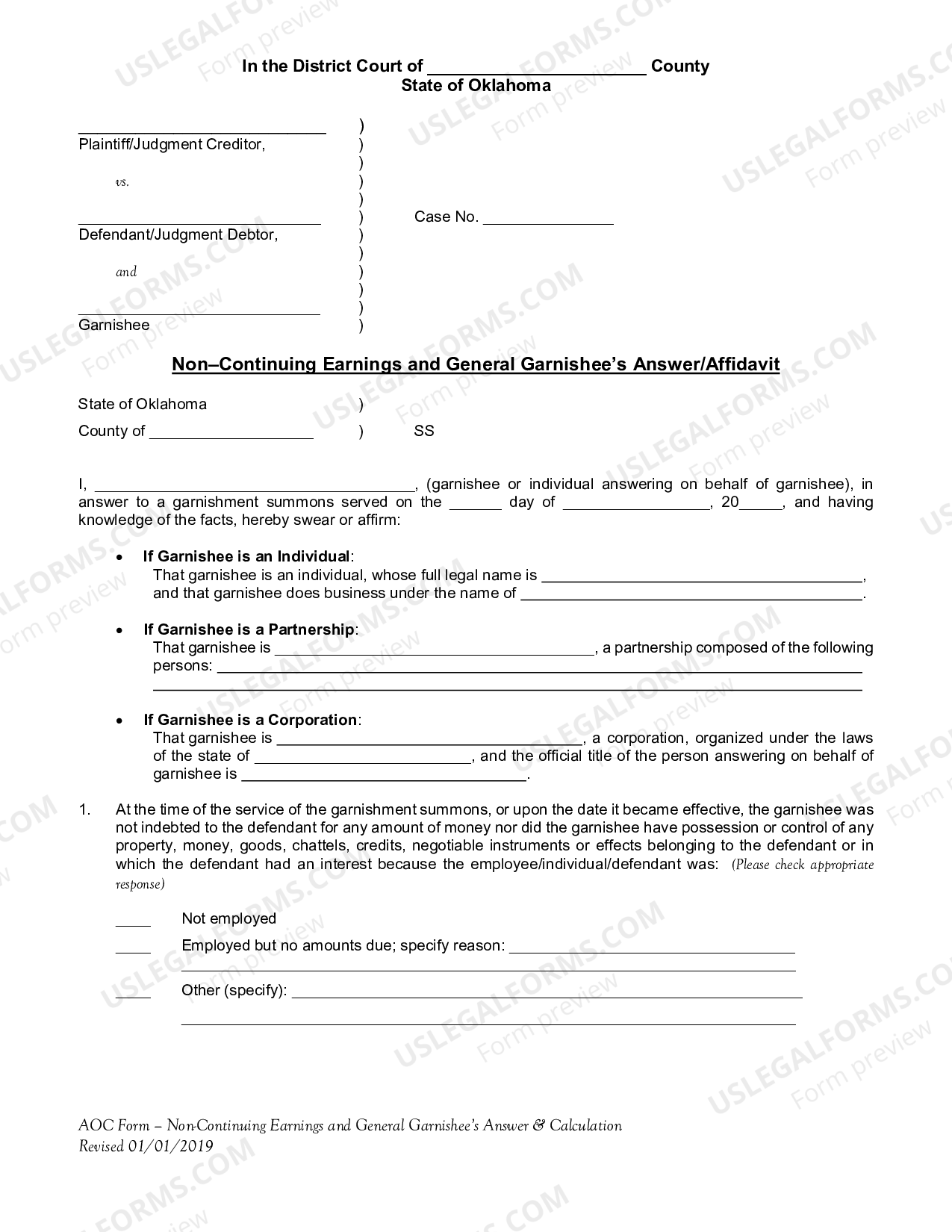 Oklahoma Noncontinuing & General Garnishee's Answer Affidavit - Oklahoma Garnishment Calculation ...