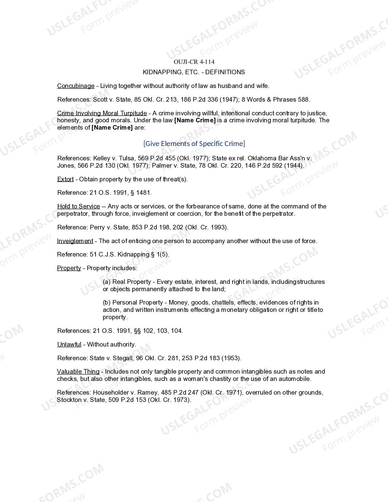 Oklahoma Kidnapping - Definitions | US Legal Forms