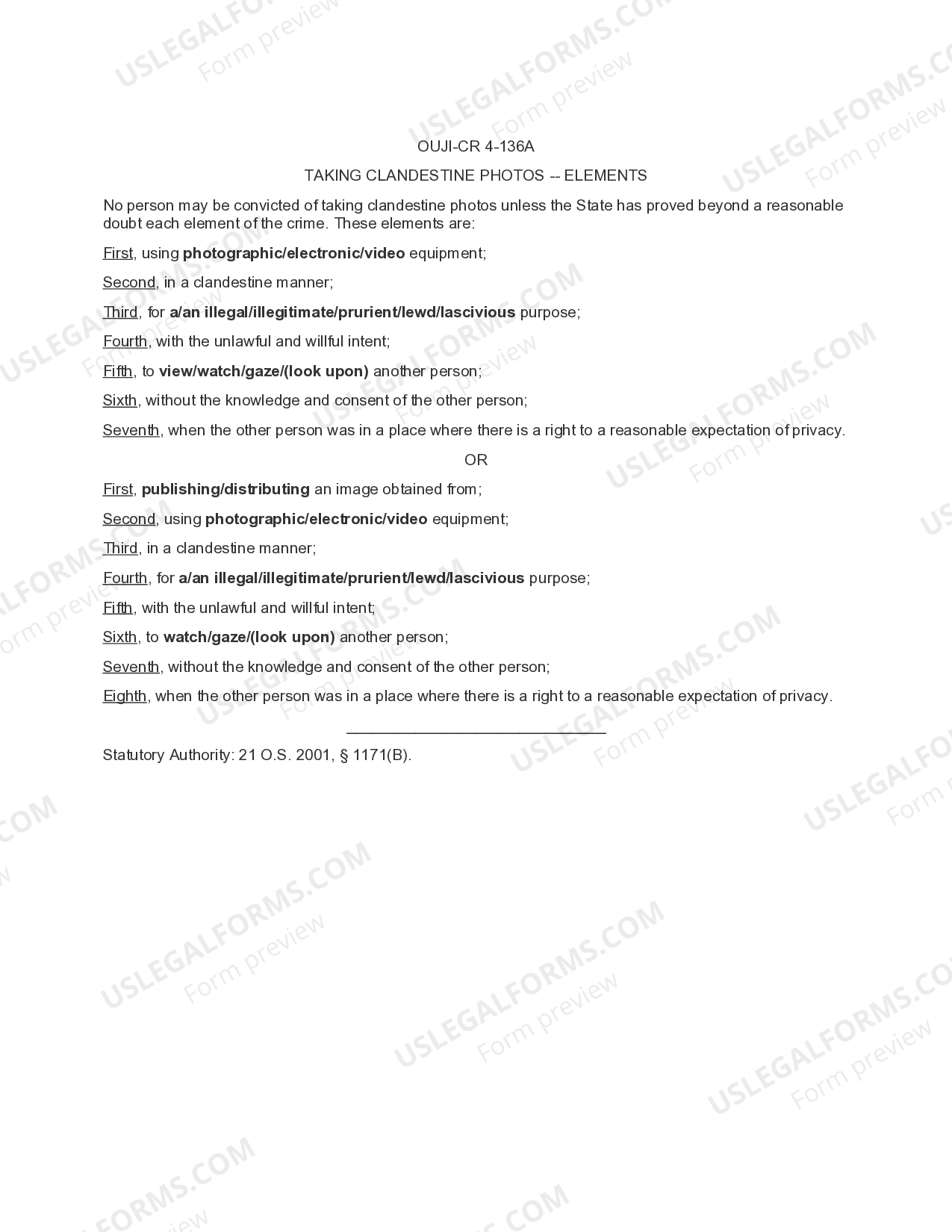 Oklahoma TAKING CLANDESTINE PHOTOS -- ELEMENTS | US Legal Forms