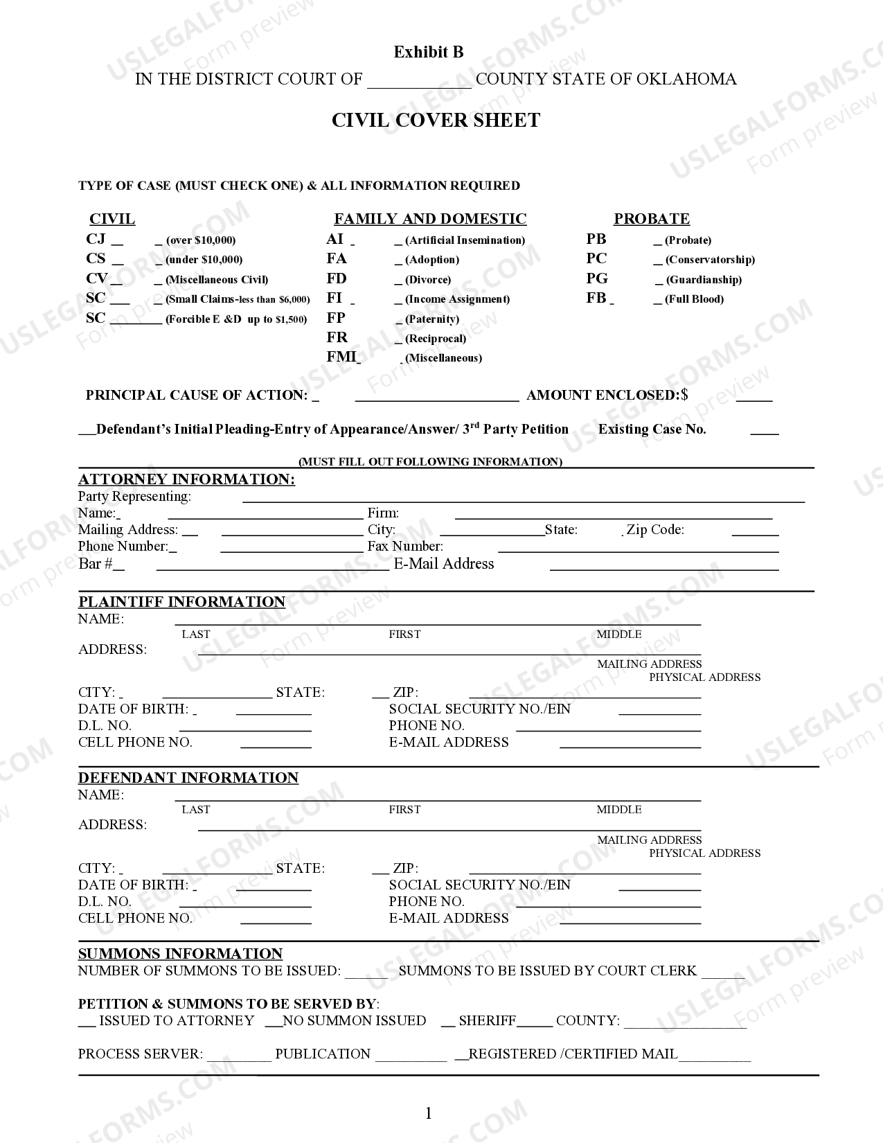 Oklahoma Civil Cover Sheet for Adult, Minor, Family Name Change | US ...